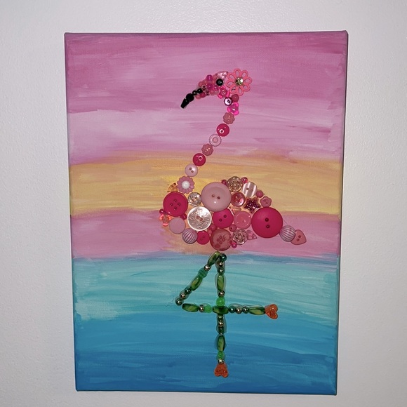 Hand Crafted | Art | Handmade Custom By Me Flamingo Canvas Button Art ...